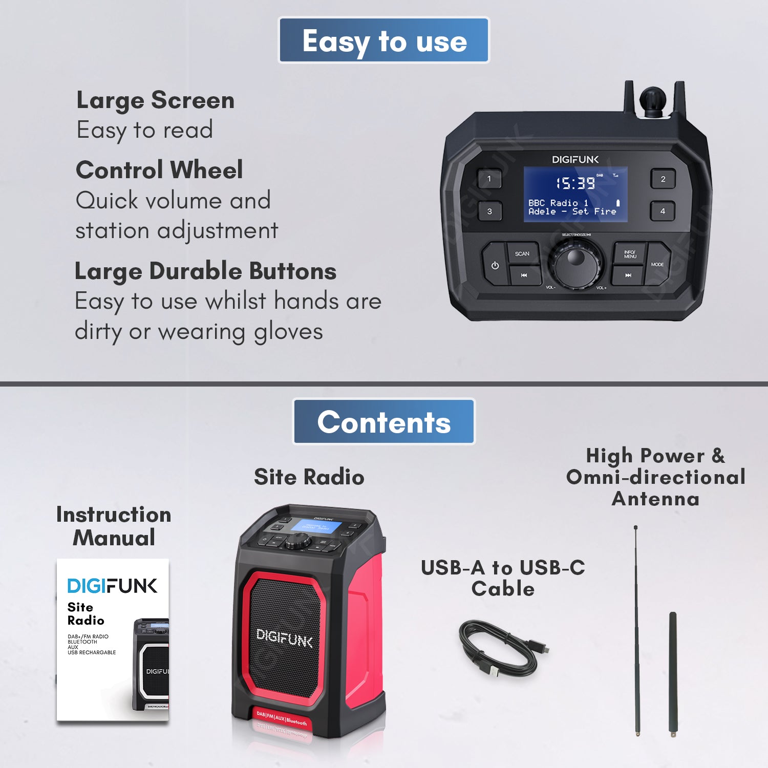 Work Site Radio | USB Rechargeable | DAB+, FM, Bluetooth | IP65 Waterproof – DigiFunkUK