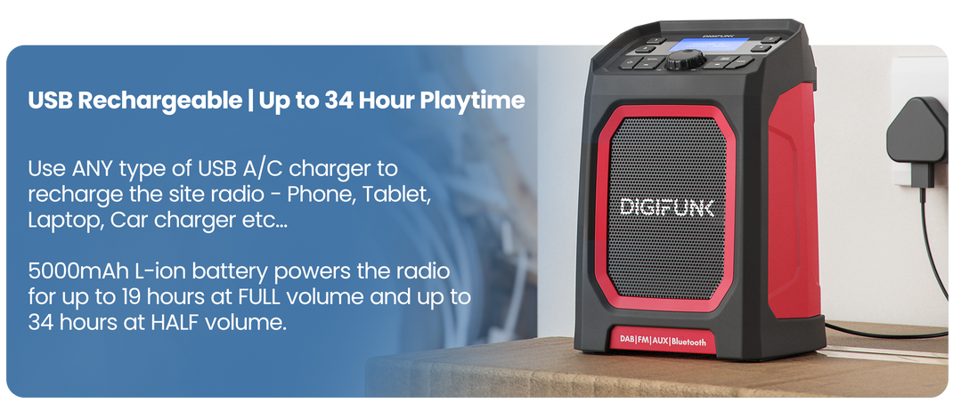 Work Site Radio | USB Rechargeable | DAB+, FM, Bluetooth | IP65 ...